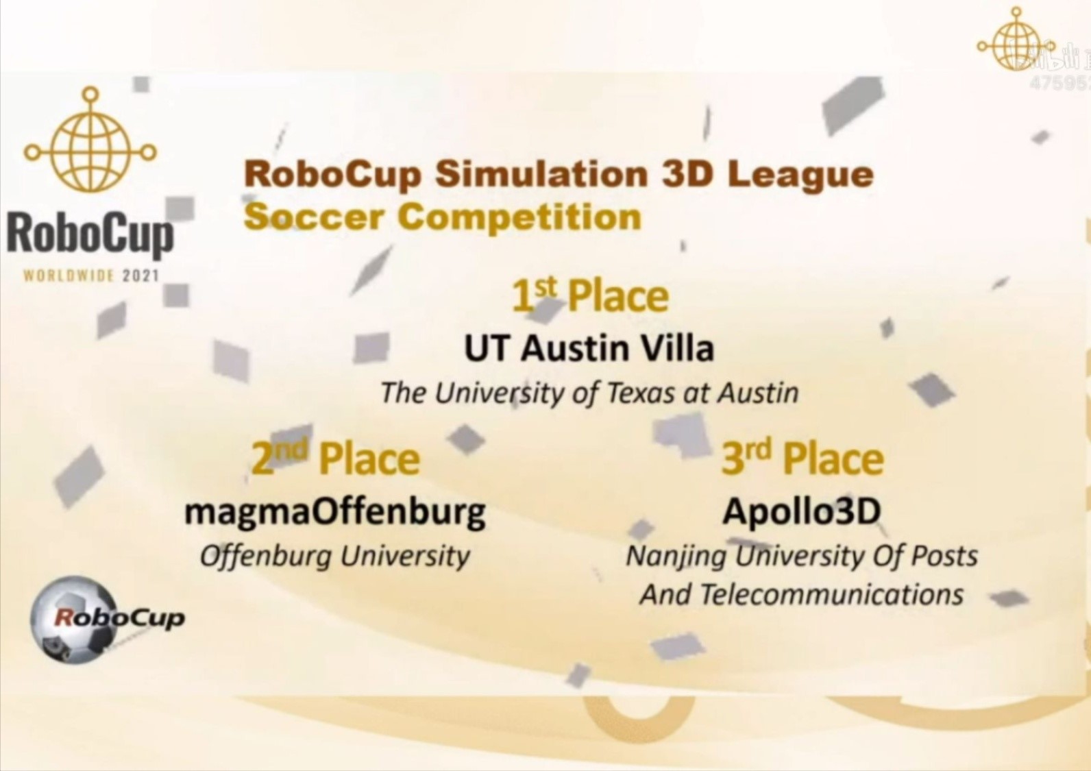我校Apollo3D队获2021 RoboCup机器人足球世界杯季军